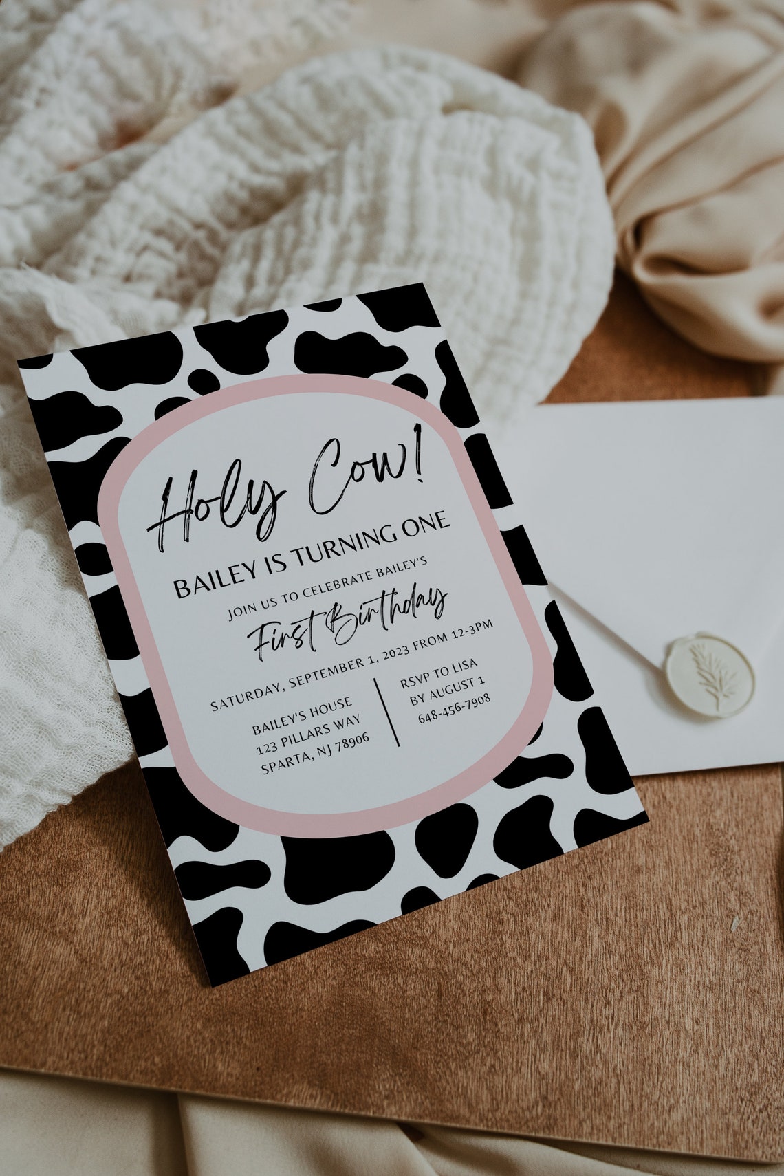 Holy Cow I'm One Girls Birthday Invitation, Cow Print Birthday ...