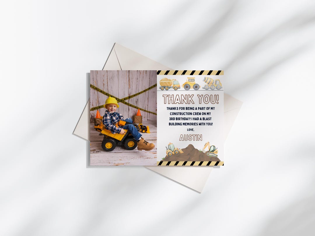 Editable Construction Birthday Thank You Card Template, Any Age ...