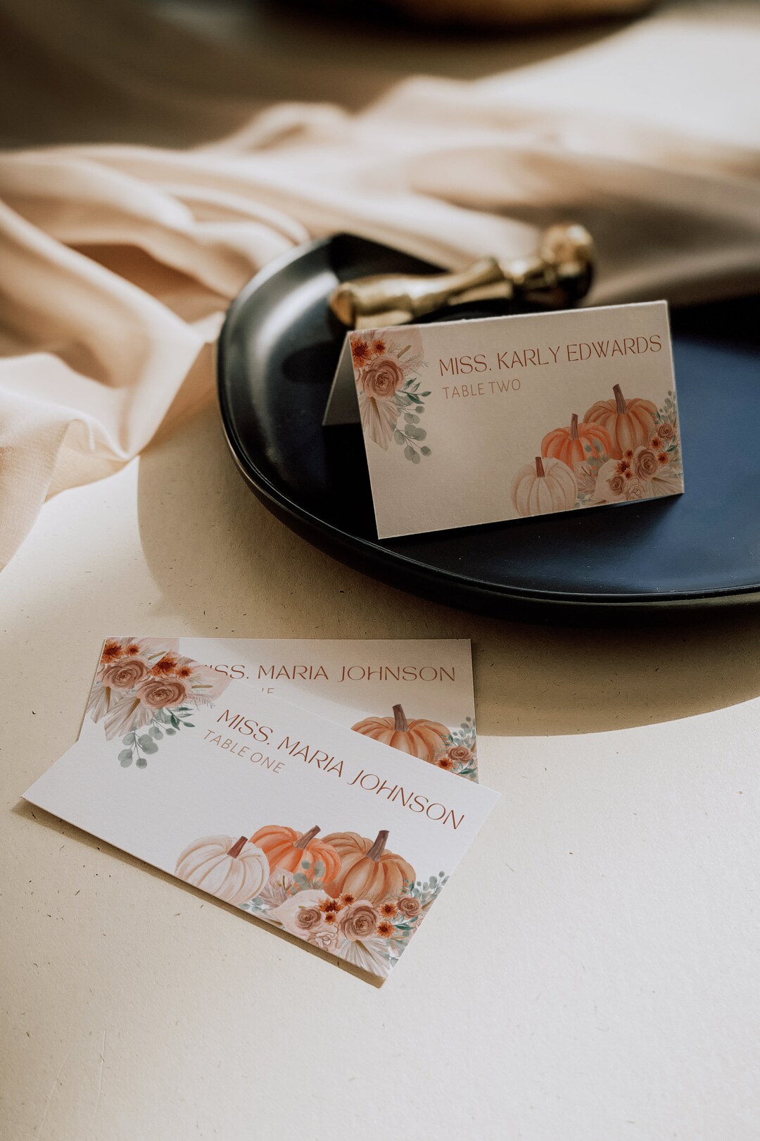 Fall Floral Place Cards Template, A Little Pumpkin is on the Way Place ...