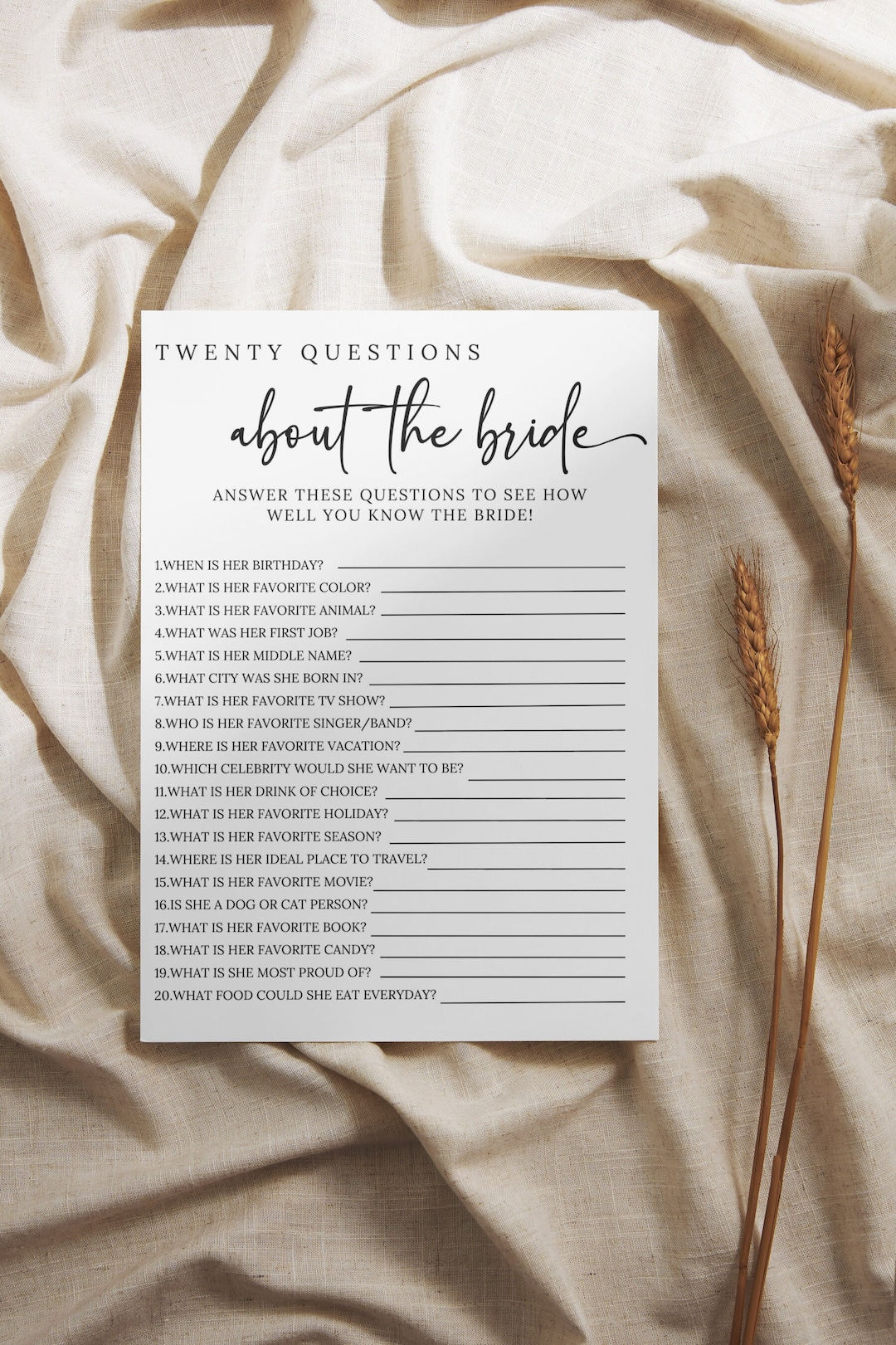 Bridal Shower Game, Editable 20 Questions About the Bride, How Well Do ...