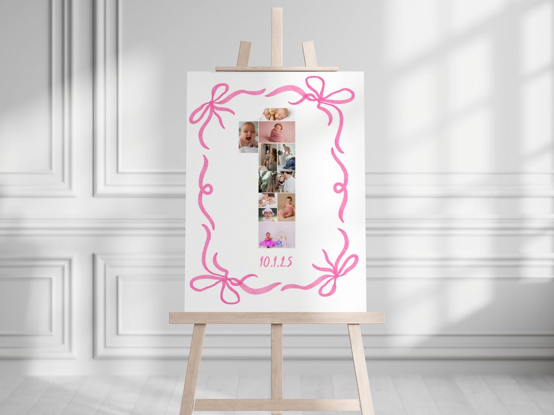 Pink Bow First Birthday Sign Photo Collage, Editable Girls Just Wanna ...