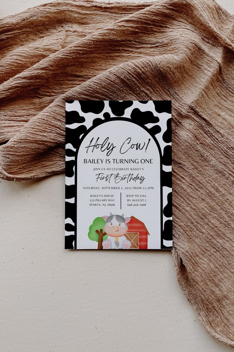 Holy Cow I'm One Birthday Invitation Cow Print Birthday - Etsy