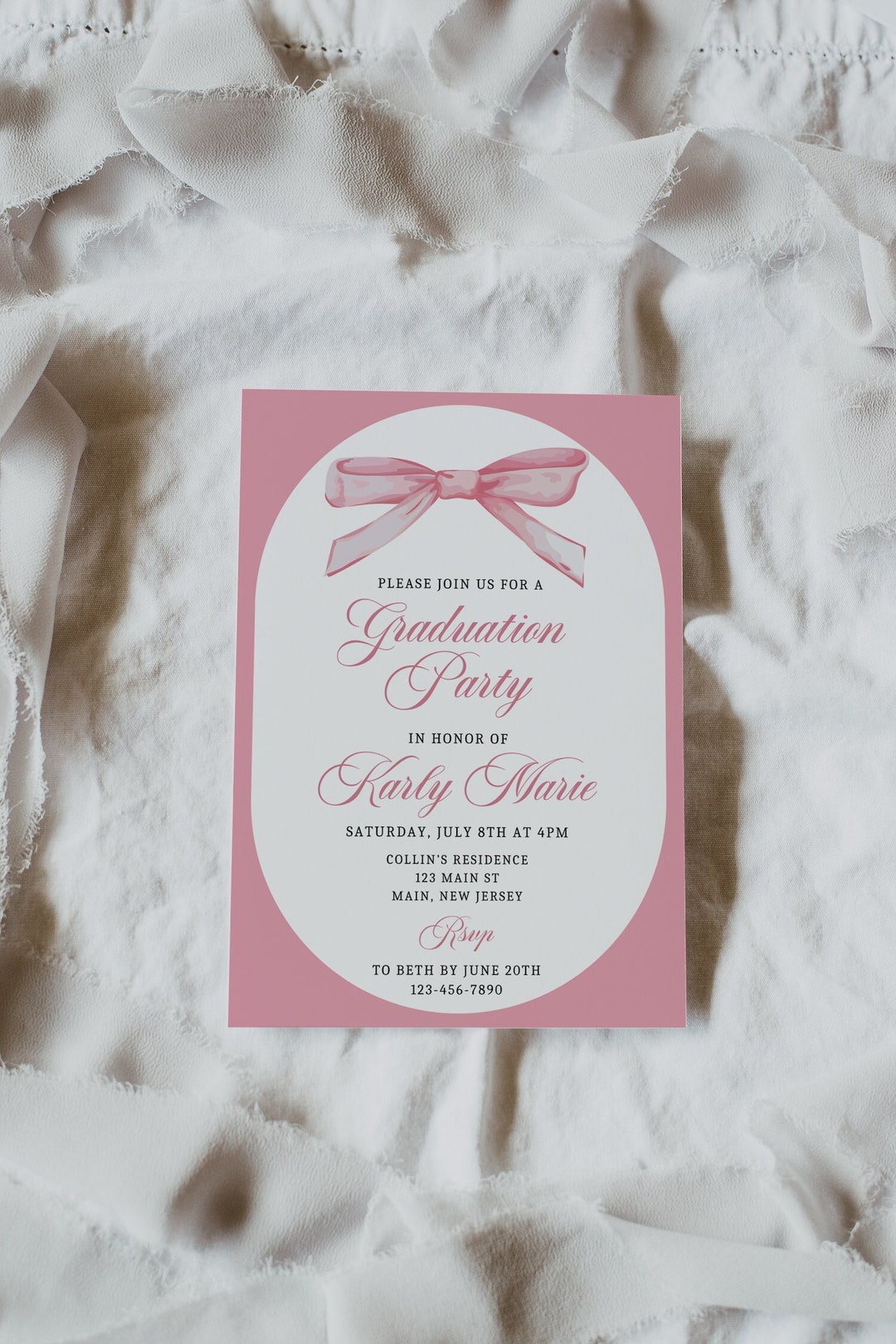 Editable Graduation Invitation Template, Pink Bow Graduation Invitation ...