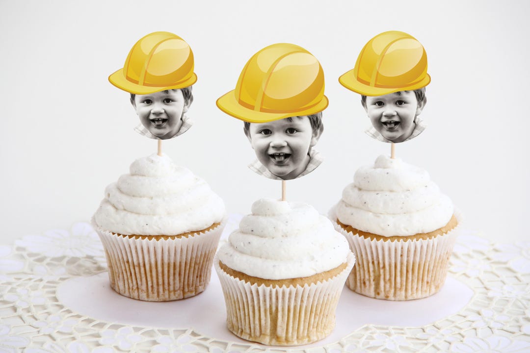 Construction Birthday Cupcake Toppers, Custom Face Construction Hard ...
