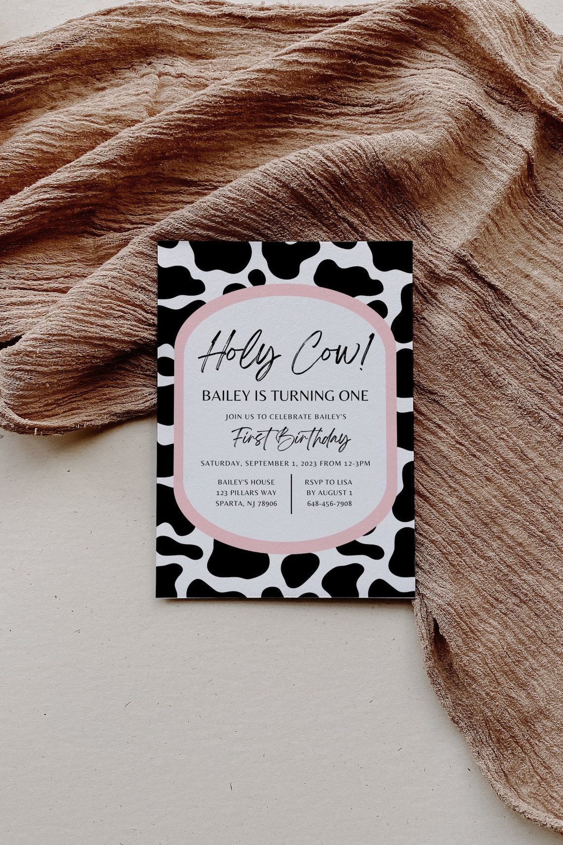 Holy Cow I'm One Girls Birthday Invitation, Cow Print Birthday ...