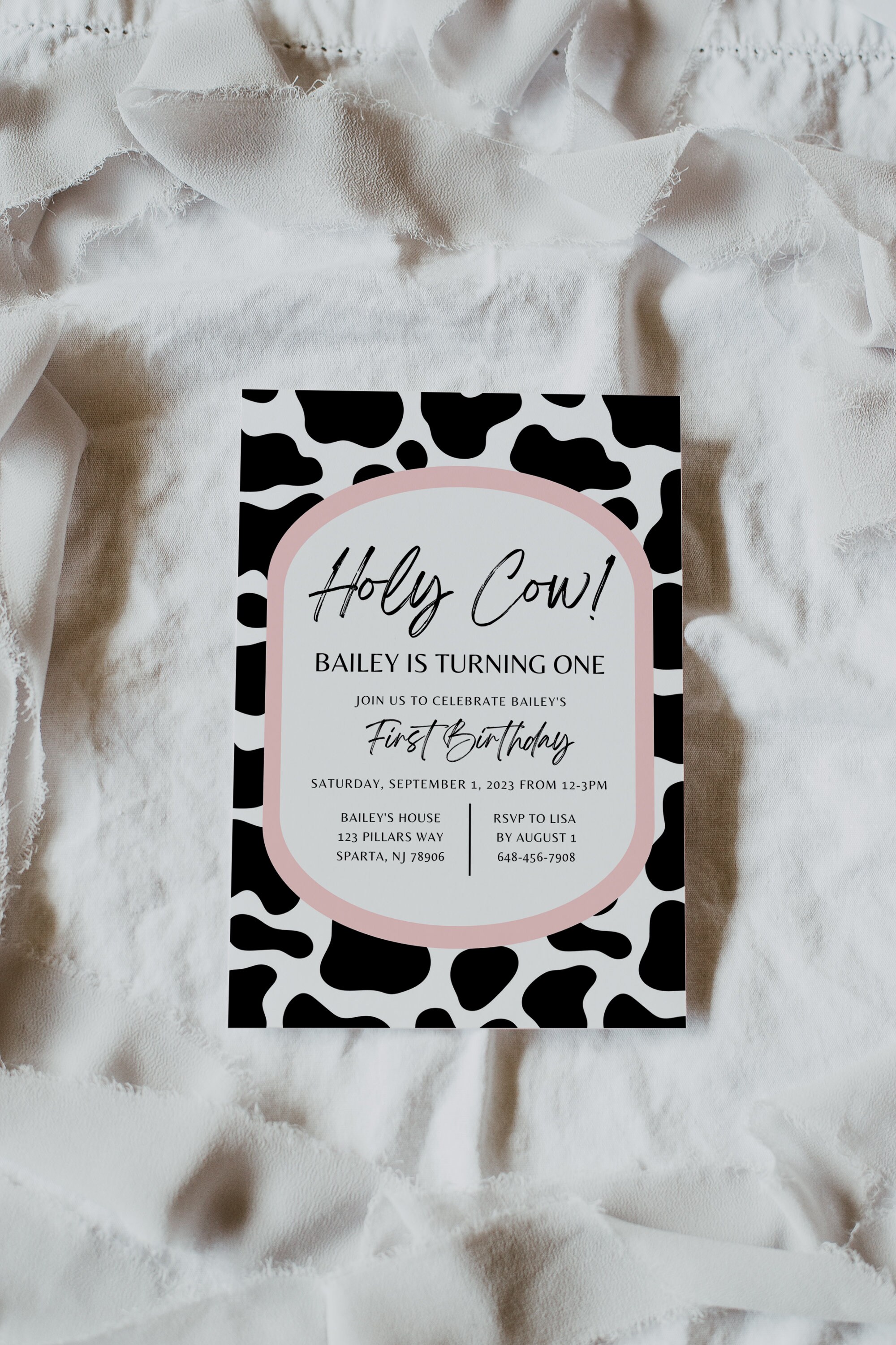 Holy Cow I'm One Girls Birthday Invitation, Cow Print Birthday ...
