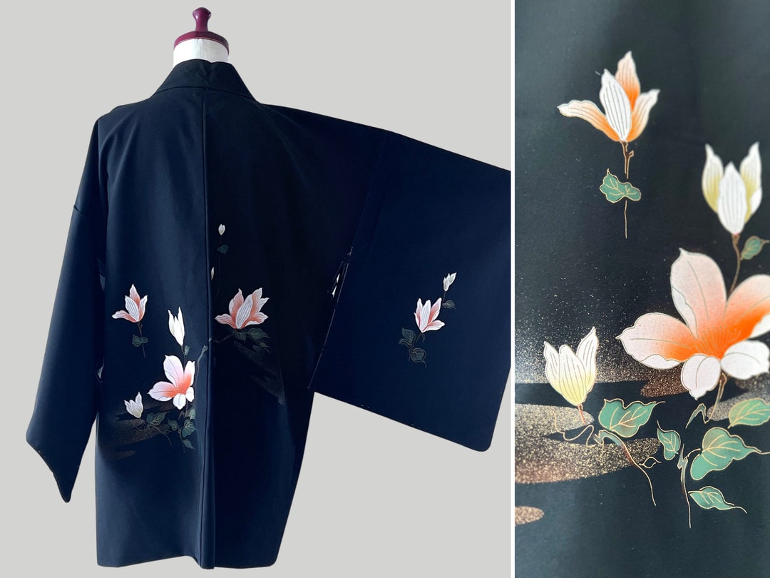 Japanese Vintage Kimono Haori, Haori Jacket, Robe, Red Floral Pattern ...