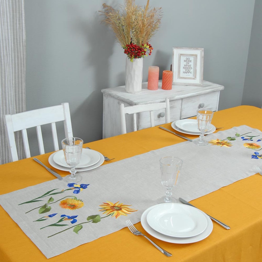 Embroidered Sunflower Table Runner: 100% Linen, Floral Table Decor ...