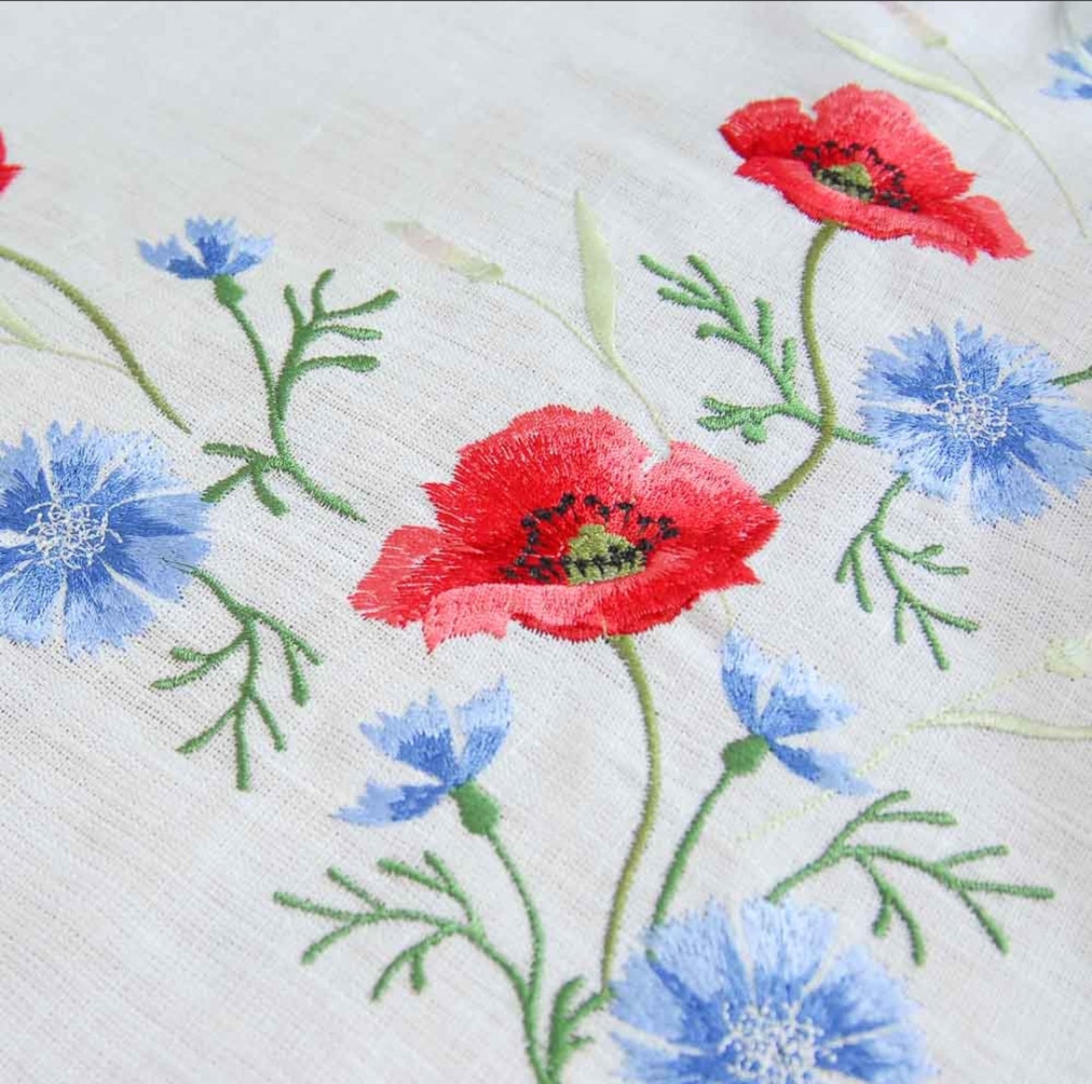 Embroidered Linen Tablecloth Poppies With Cornflowers. White Linen ...