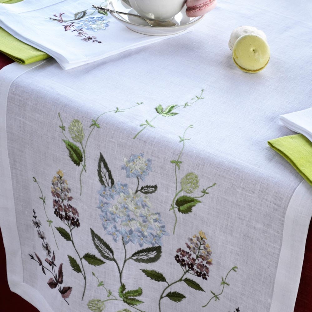 Embroidered Linen Table Runner Hydrangea. Table Linens, Table Decor ...