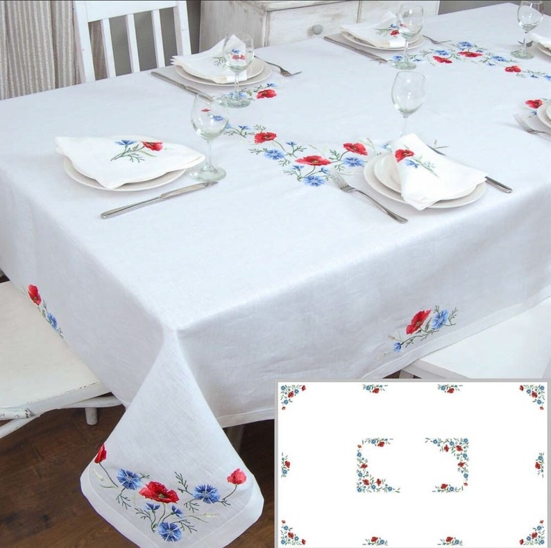 Embroidered Linen Tablecloth Poppies With Cornflowers. White Linen ...