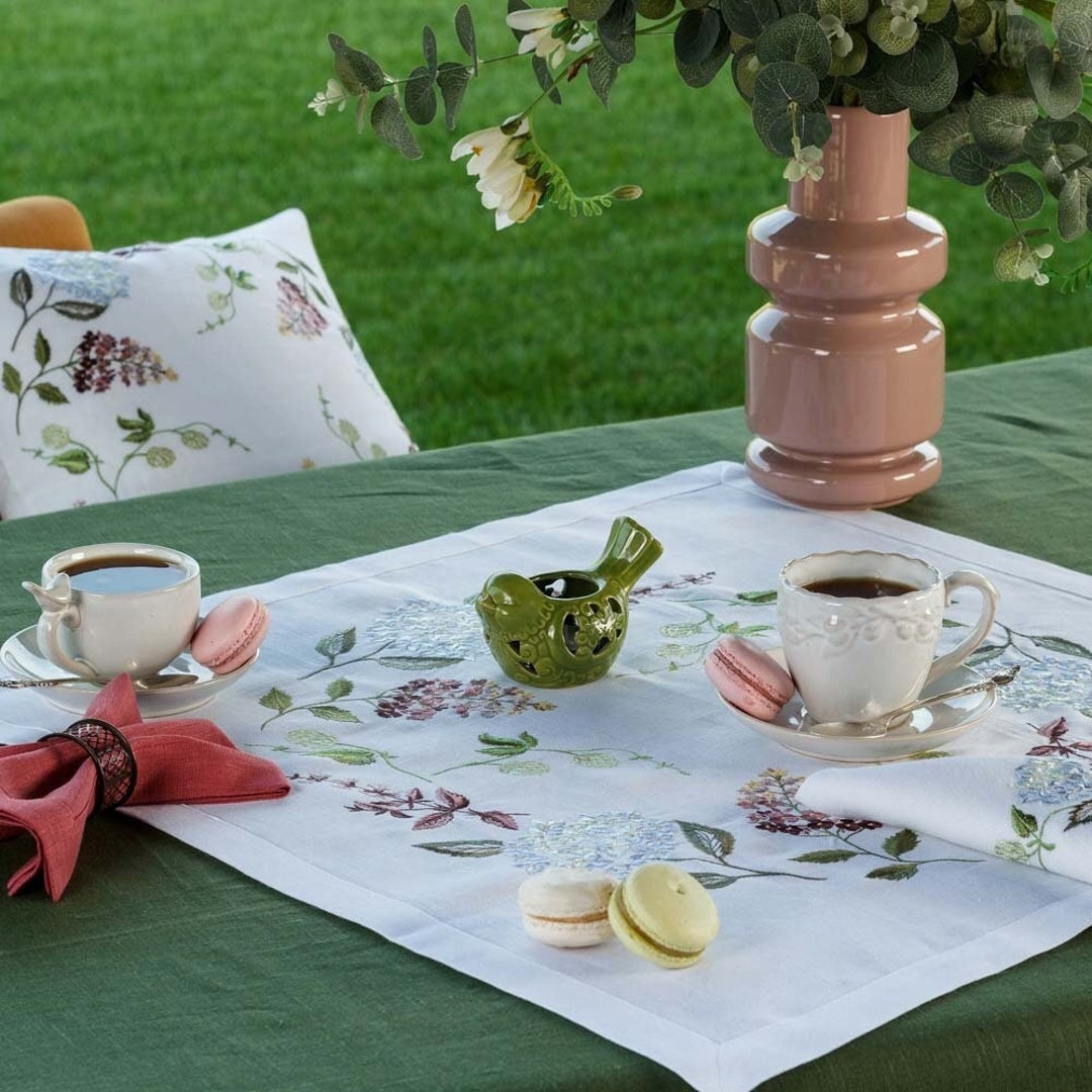 Embroidered Linen Table Topper Hydrangea. Big White Napkin With Color ...