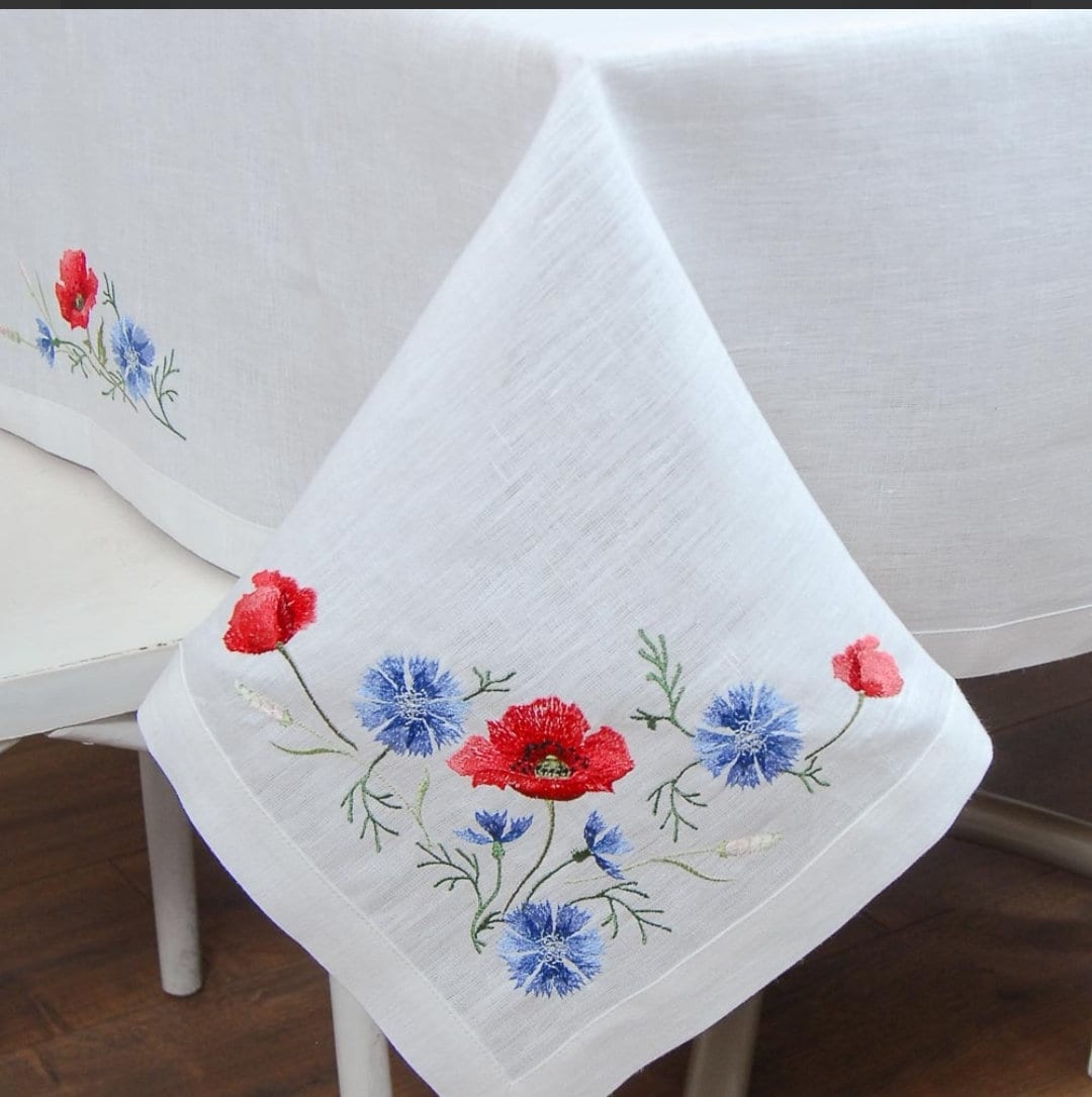 Embroidered Linen Tablecloth Poppies With Cornflowers. White Linen ...