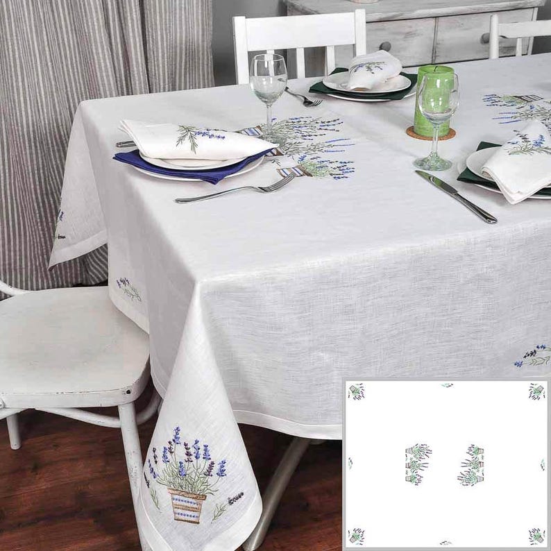 Embroidered Lavender Linen Table Linens: Napkins, Runner, Centerpiece ...