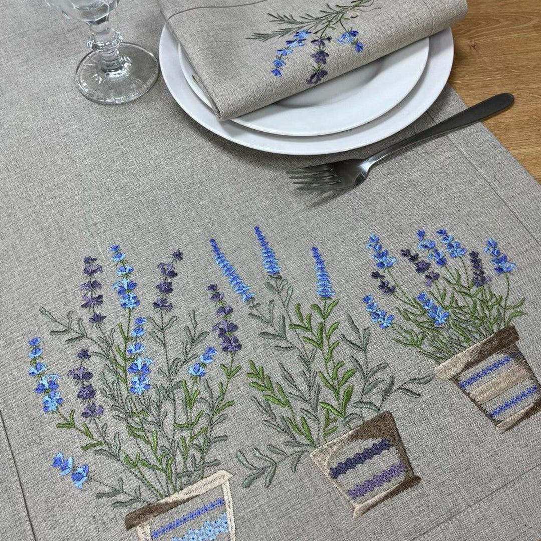 Embroidered Lines: Lavender Table Decor. Napkins, Table Runner, Round ...