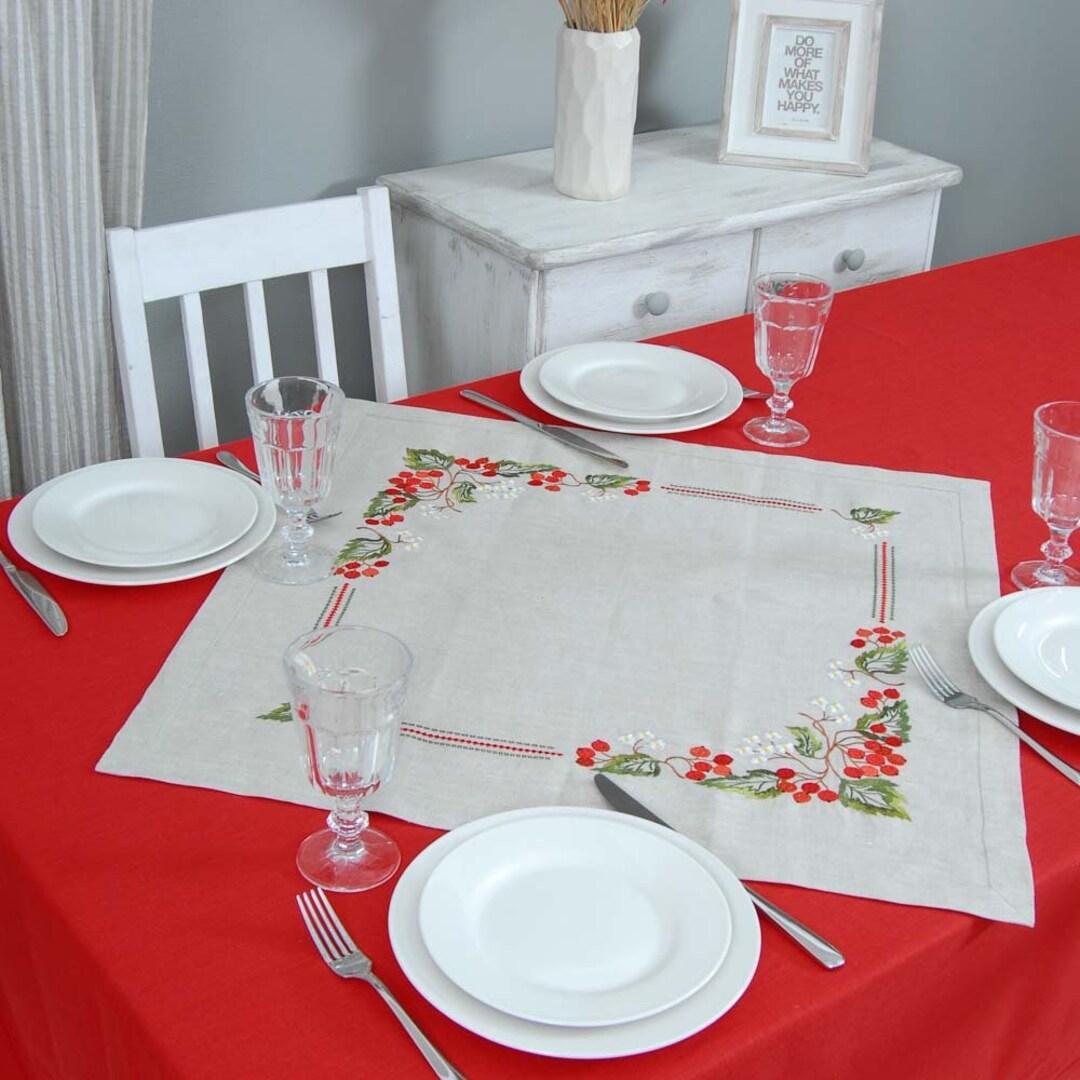 64x64 Cm Embroidered Linen Table Topper. Guelder Rose, Viburnum ...