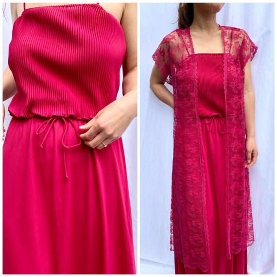 1970’s - Raspberry Dress with Lace Shawl - S - Gem