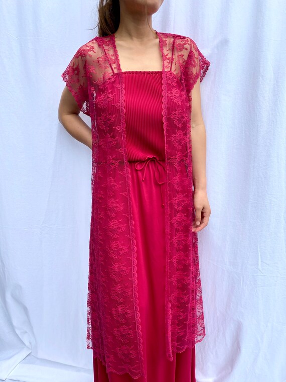 1970’s - Raspberry Dress with Lace Shawl - S - Gem