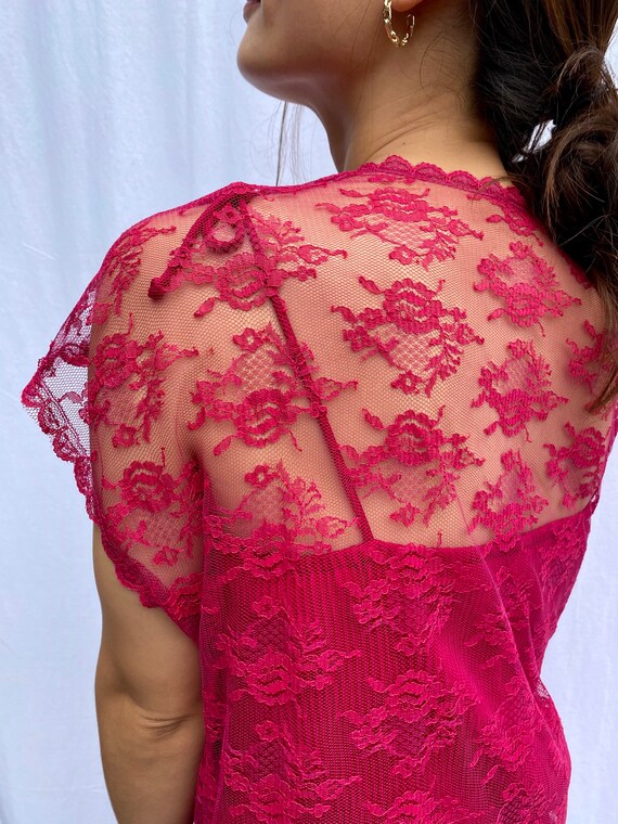 1970’s - Raspberry Dress with Lace Shawl - S - Gem