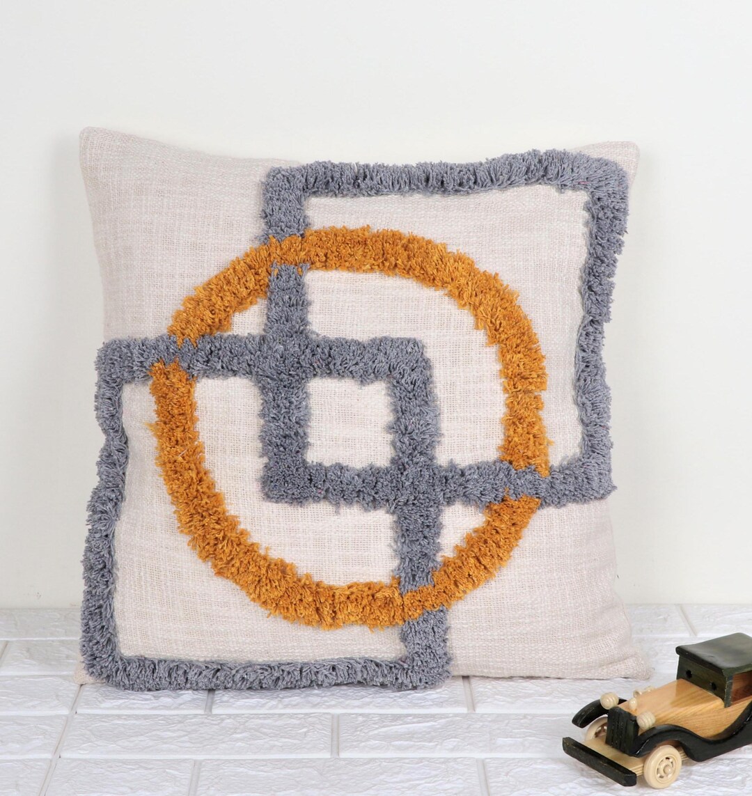 Handmade Grey Yellow Geometric Pillow | Soft Cotton Tufted Cushion ...