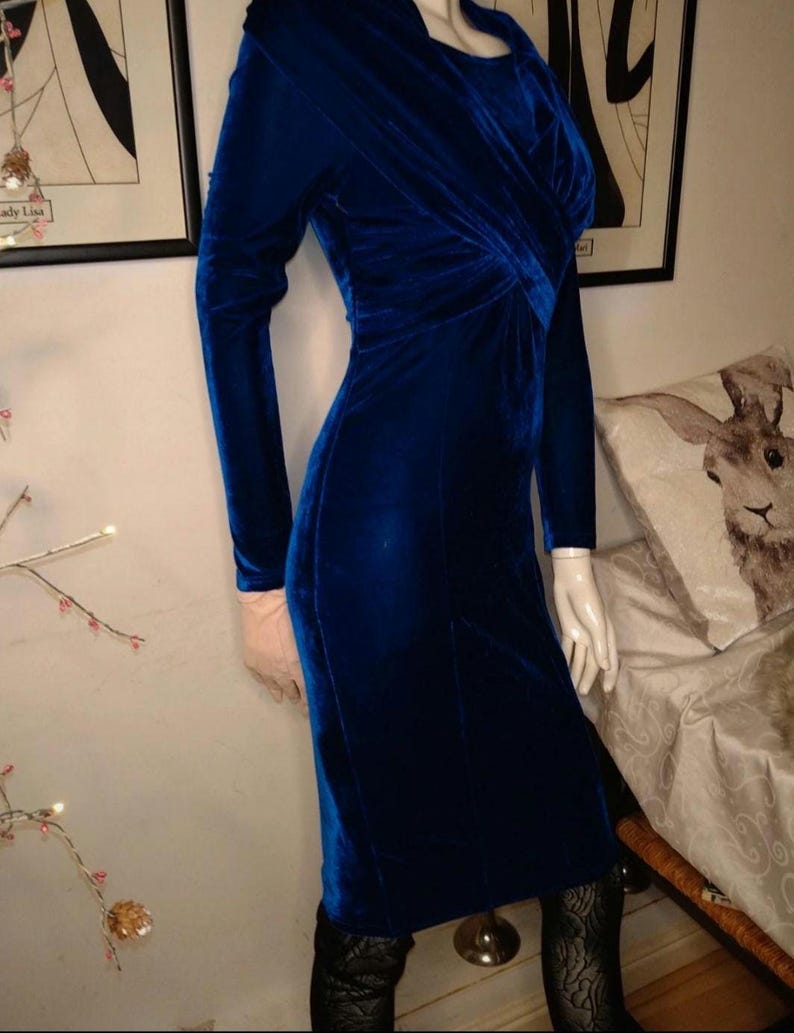 Elegant Luxury Royal Blue Velvet Dress Cross V-neck Long-sleeved ...