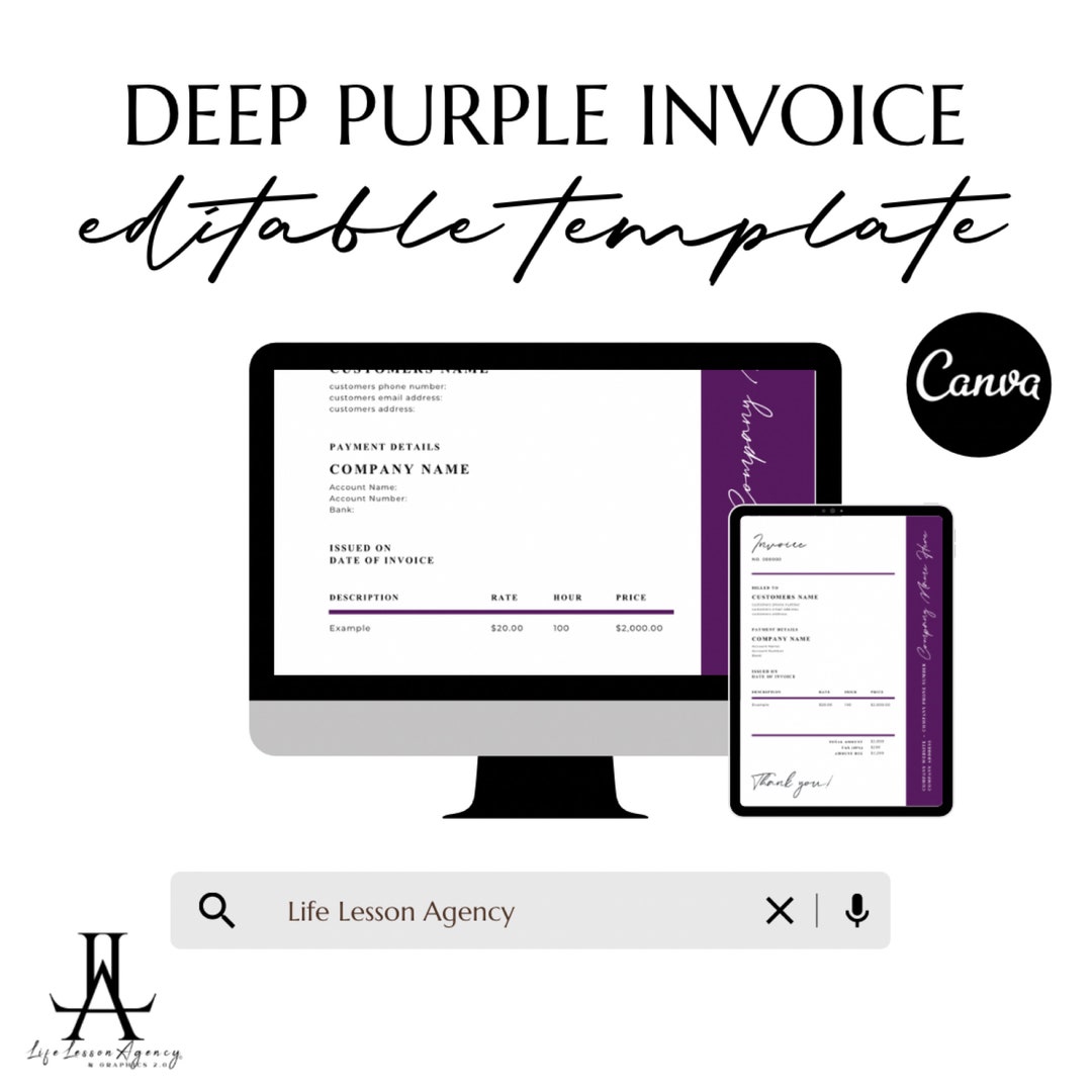 Deep Purple Invoice Template, Editable Design in Canva, Printable, DIY ...