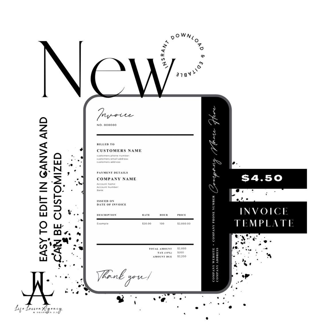 Black Invoice Template, Editable Design in Canva, Printable, DIY ...