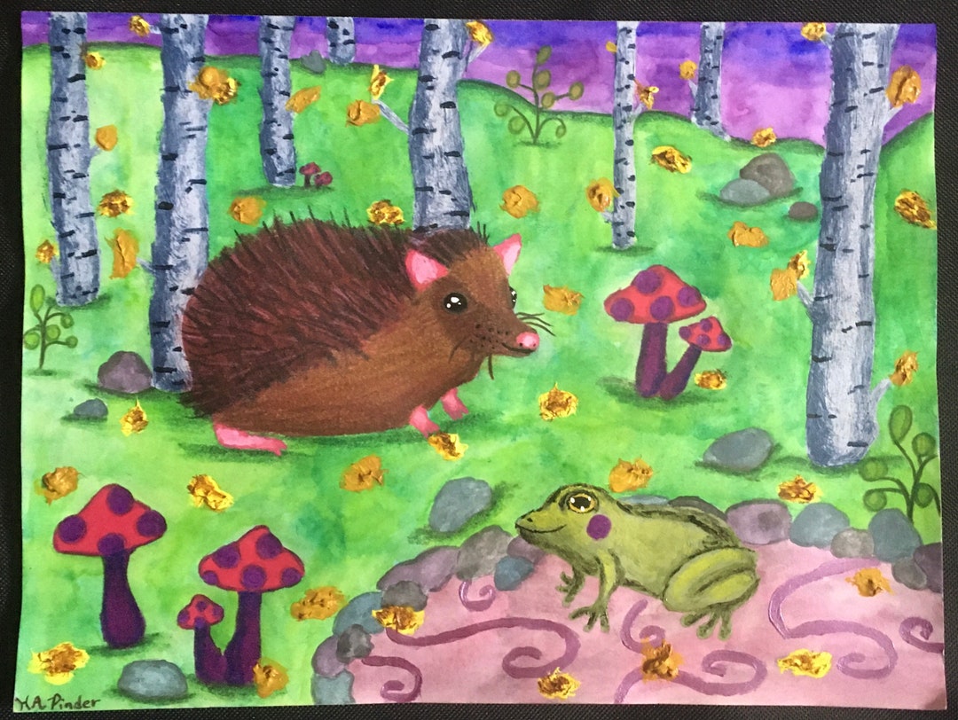 Hedgehog Drawing Frog Painting Toadstool Fall Art - Etsy