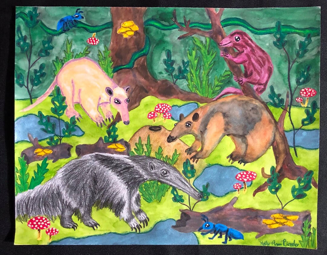 Anteater Drawing, Tamandua Painting, Mushroom Jungle Ant Art - Etsy