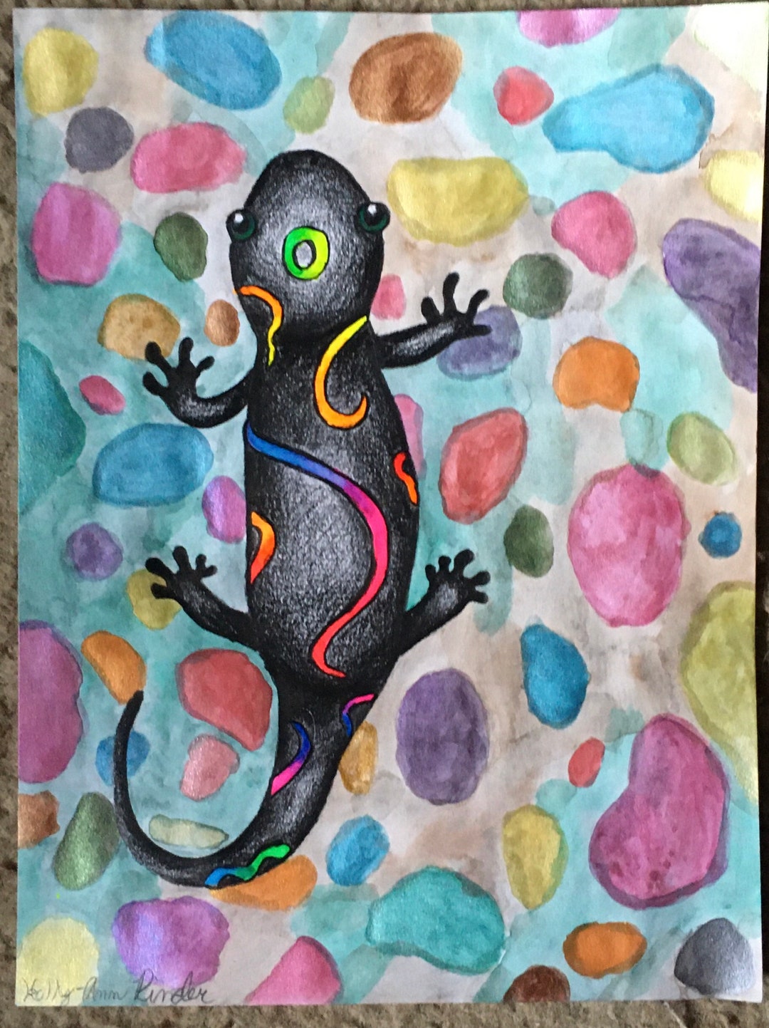 Salamander Neon Drawing, Sparkly Rock Art - Etsy