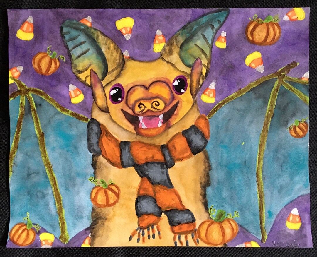 Bat Pumpkin Candy Corn Painting, Halloween Scarf Art - Etsy