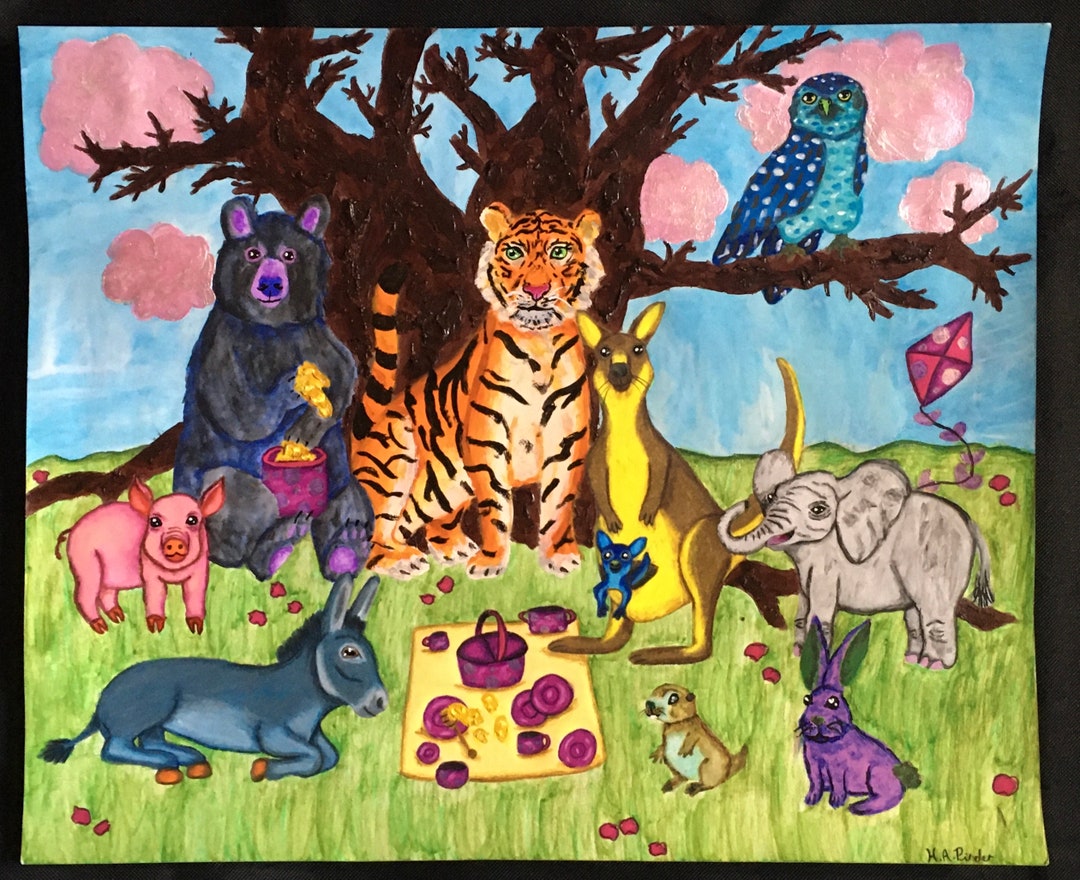 Bear Elephant Tiger Painting Donkey Gopher Drawing, Picnic Dishes Art ...