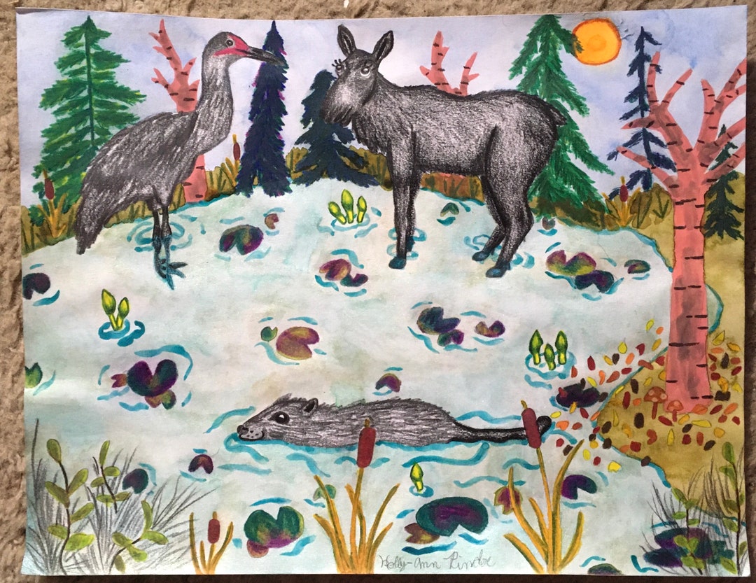 Muskrat Moose Crane Drawing, Swamp Birch Tree Picture - Etsy