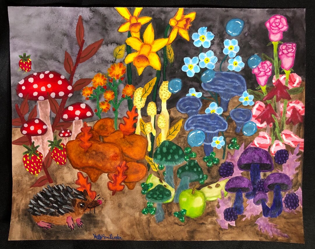 Mushroom Rainbow Hedgehog Painting, Flower Leaf Fruit Drawing - Etsy