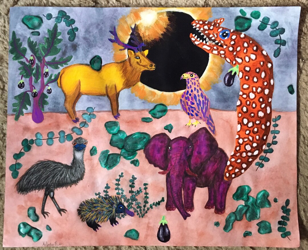 Elephant Eel Painting, Emu Elk Drawing, Emerald Jewel Art - Etsy
