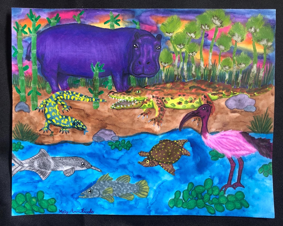 Hippopotamus Fish Drawing, Crocodile Turtle Lizard Painting, Nile River ...