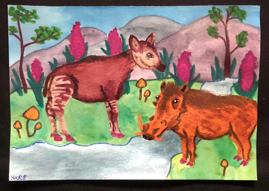 Okapi Warthog Painting, Lilac River Drawing, Congo Rainforest Art - Etsy