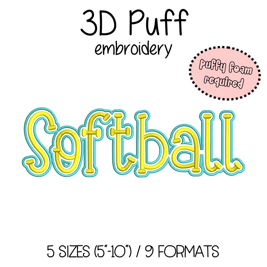 Softball 3D Puff Foam Embroidery Outline - 5 Sizes (5"-10" Width) High ...