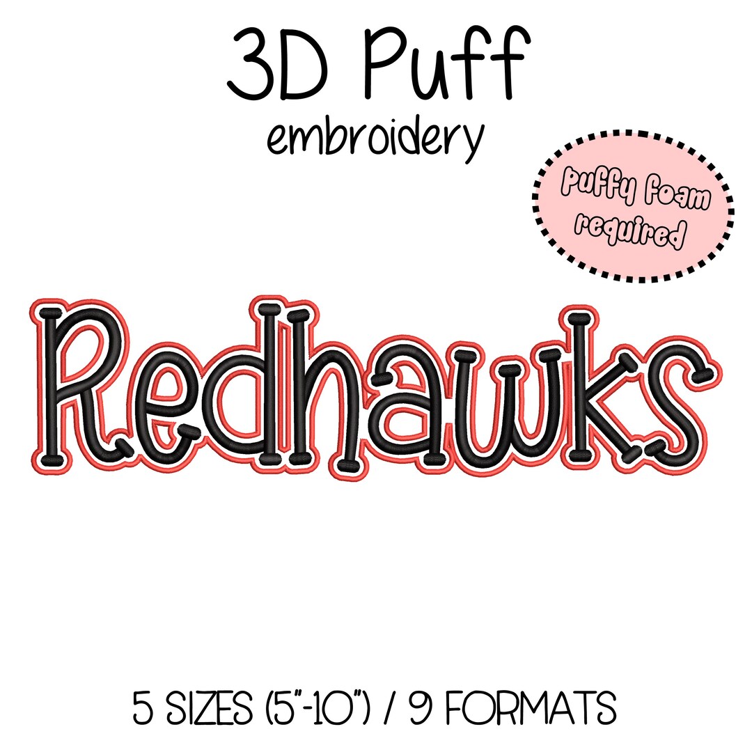 Redhawks Embroidery 3D Puff Foam - 5 Sizes (5"-10" in Width) High ...