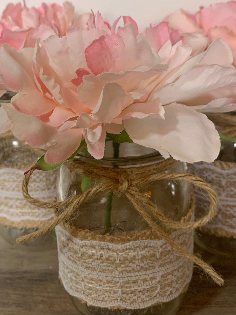 Pink Floral Mason Jar Centerpiece Burlap Rustic Wedding - Etsy