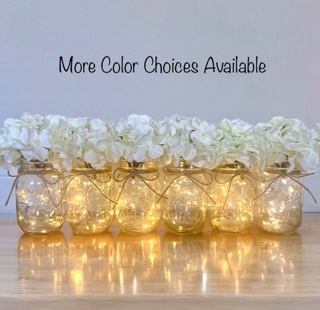 Set of 6 Lighted Mason Jar Centerpieces for Outdoor Wedding Table Decor ...