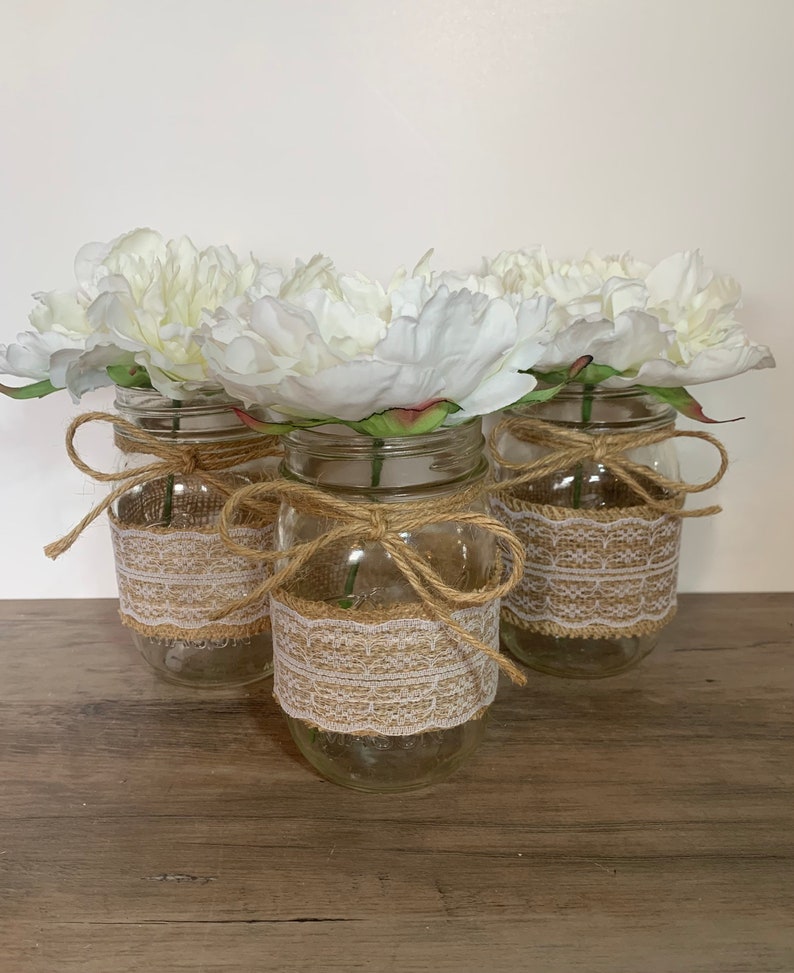 Pink Floral Mason Jar Centerpiece Burlap Rustic Wedding - Etsy