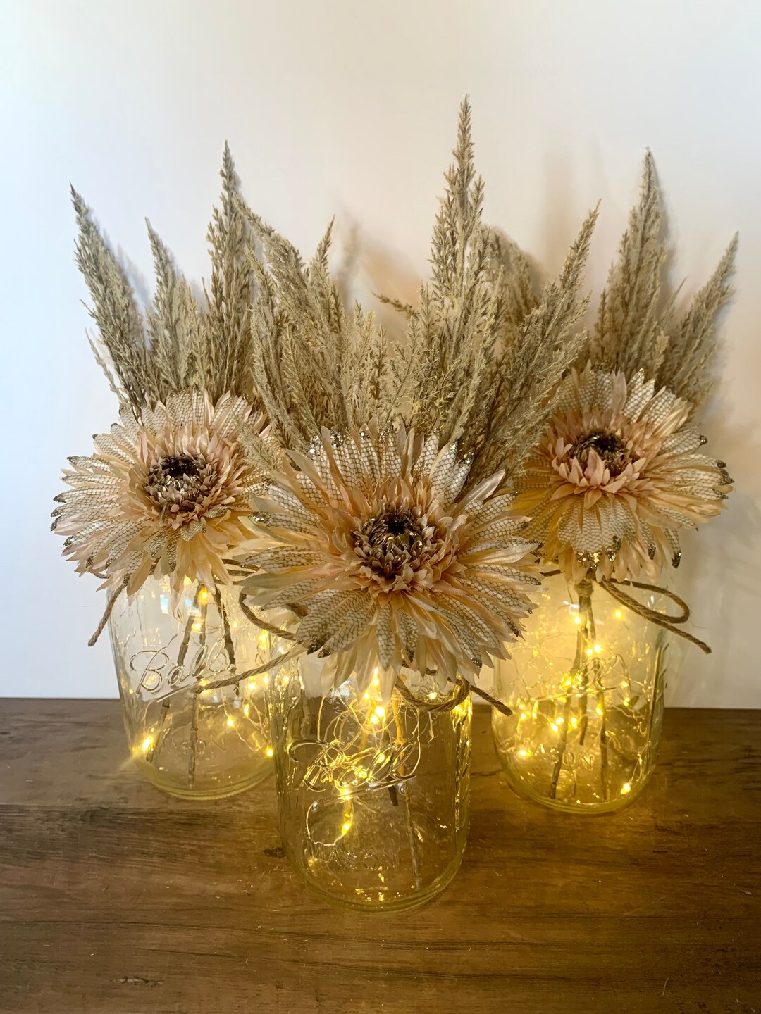 Boho Wedding Centerpiece, Lighted Mason Jar Centerpieces Farmhouse Home ...