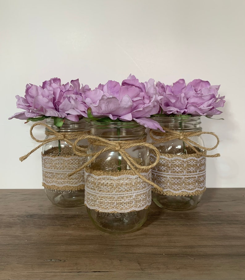 Pink Floral Mason Jar Centerpiece, Burlap Rustic Wedding Decor ...