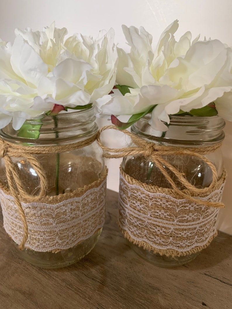 Pink Floral Mason Jar Centerpiece Burlap Rustic Wedding - Etsy