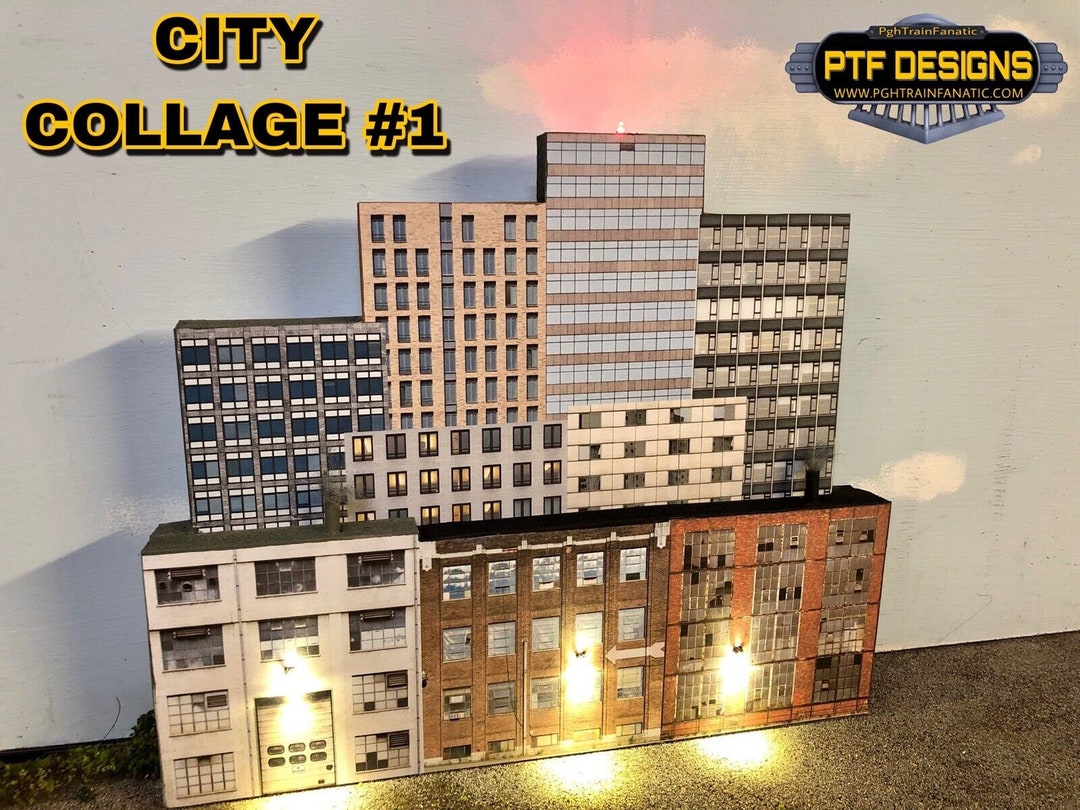N Scale -9 City Buildings Collage Flat #1 -3D Background W/ Leds ...