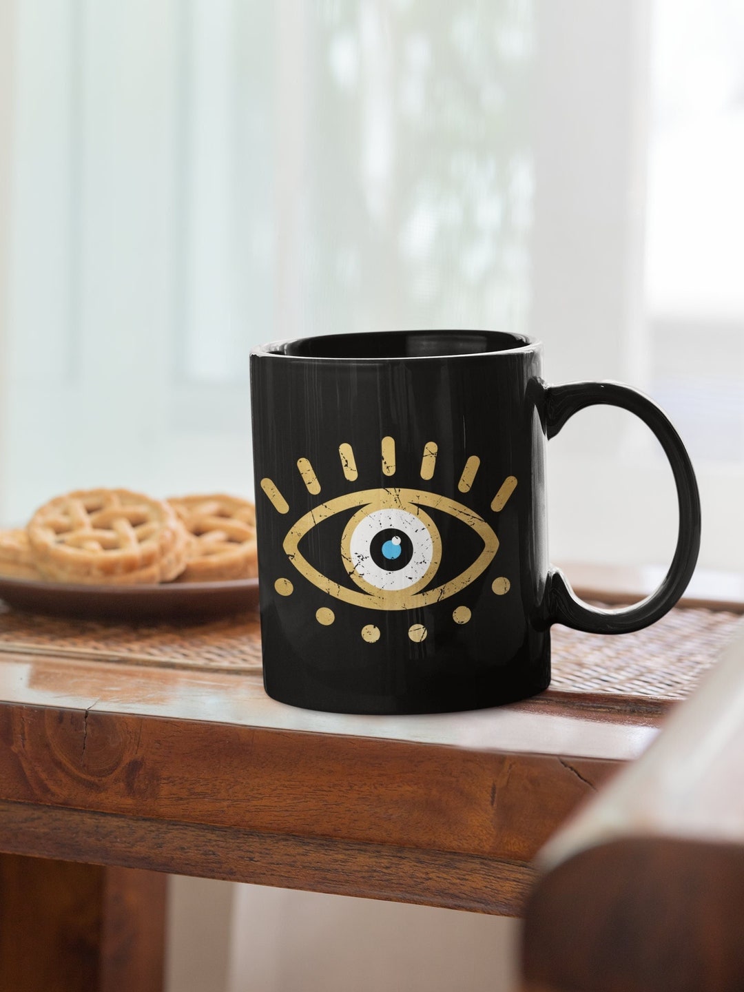 Greek Evil Eye Black Mug | Distressed Evil Eye Coffee Mug | Funny Greek ...