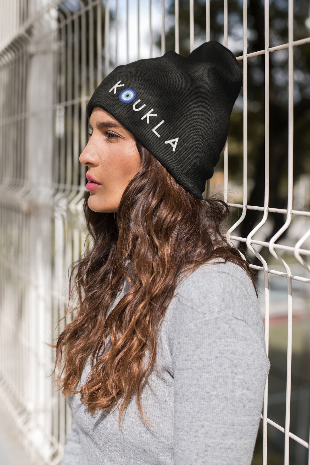 Greek Koukla Cuffed Beanie | Koukla Evil Eye Beanie | Greek Embroidered ...