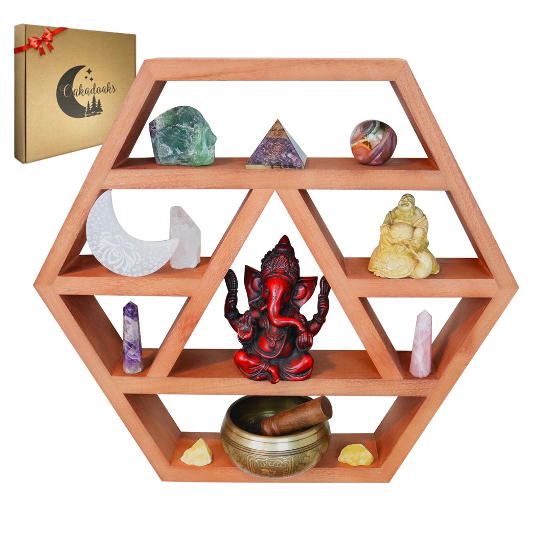 Hexagon Crystal Shelf Display - Large 21" Brown Geometric Altar Shelf ...