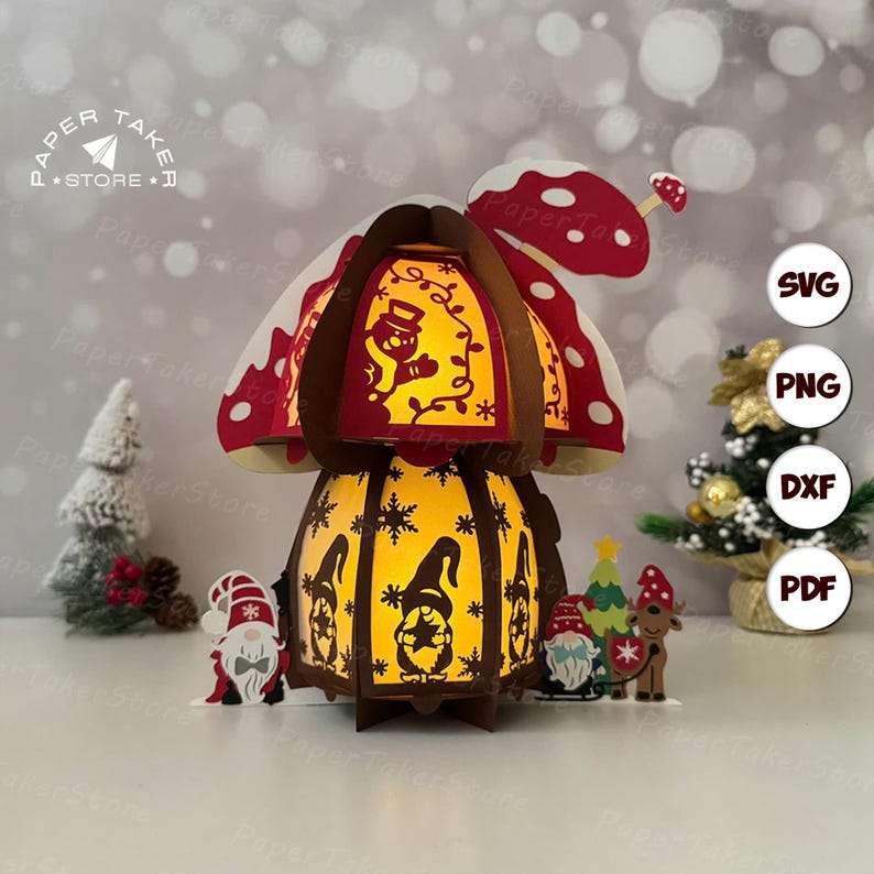 Lantern Mushroom Xmas 2 SVG for Cricut Projects, 3D Papercut Light Box ...
